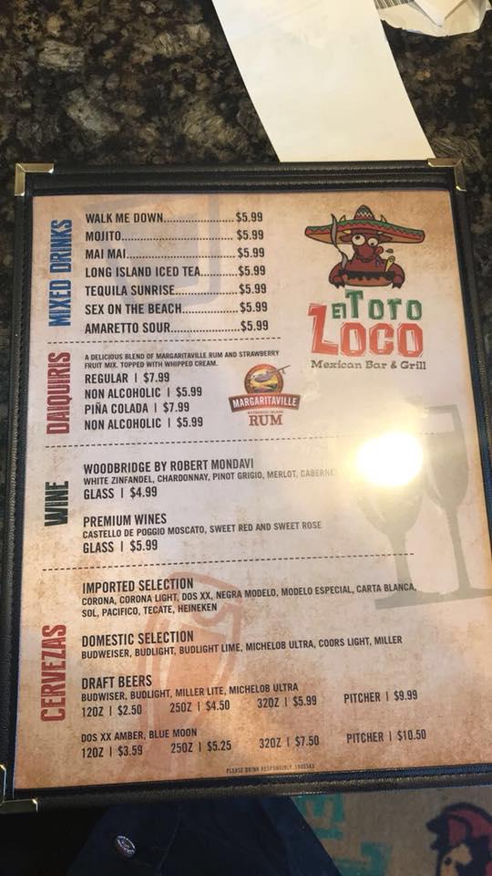Menu at El Toro Loco restaurant, Memphis, Poplar Ave