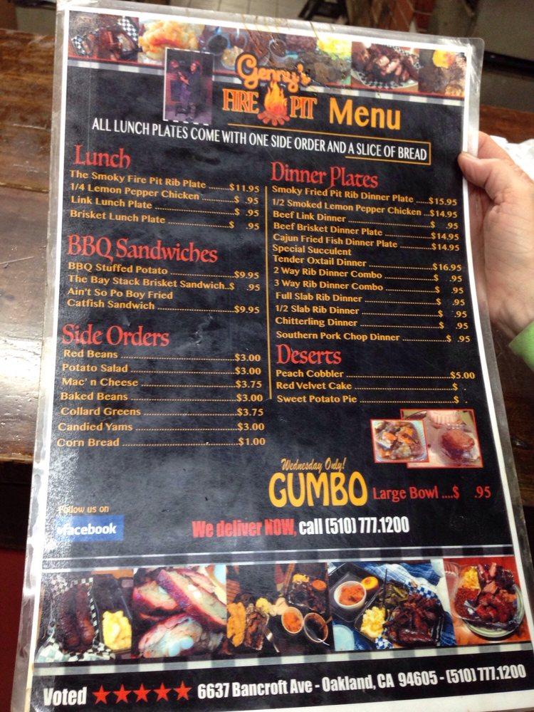 Menu at Genny's Fire Pit BBQ, Oakland