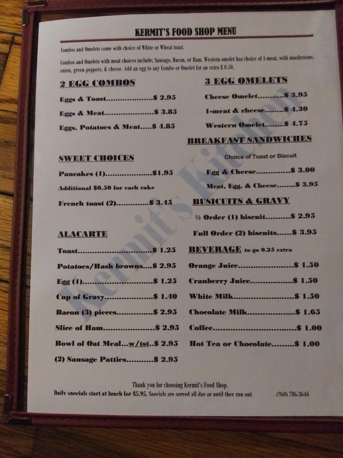 Menu at Kermit's Food Shop pub & bar, Andrews