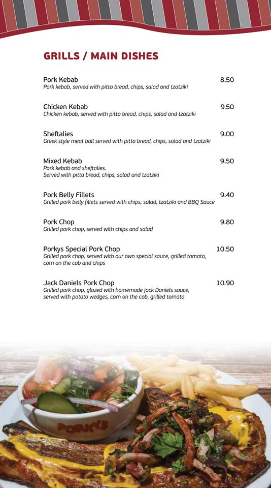 Menu at Porky's, Protaras, 228X+WF3