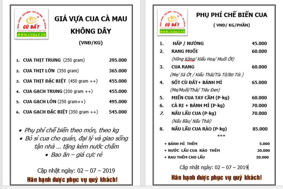 Menu at CuDat restaurant, Ho Chi Minh City, 117 Nguyễn Đình Chiểu
