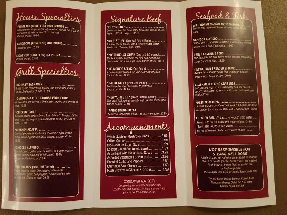 Menu at Angry Bull Steak House steakhouse, Huron, Cleveland Rd E