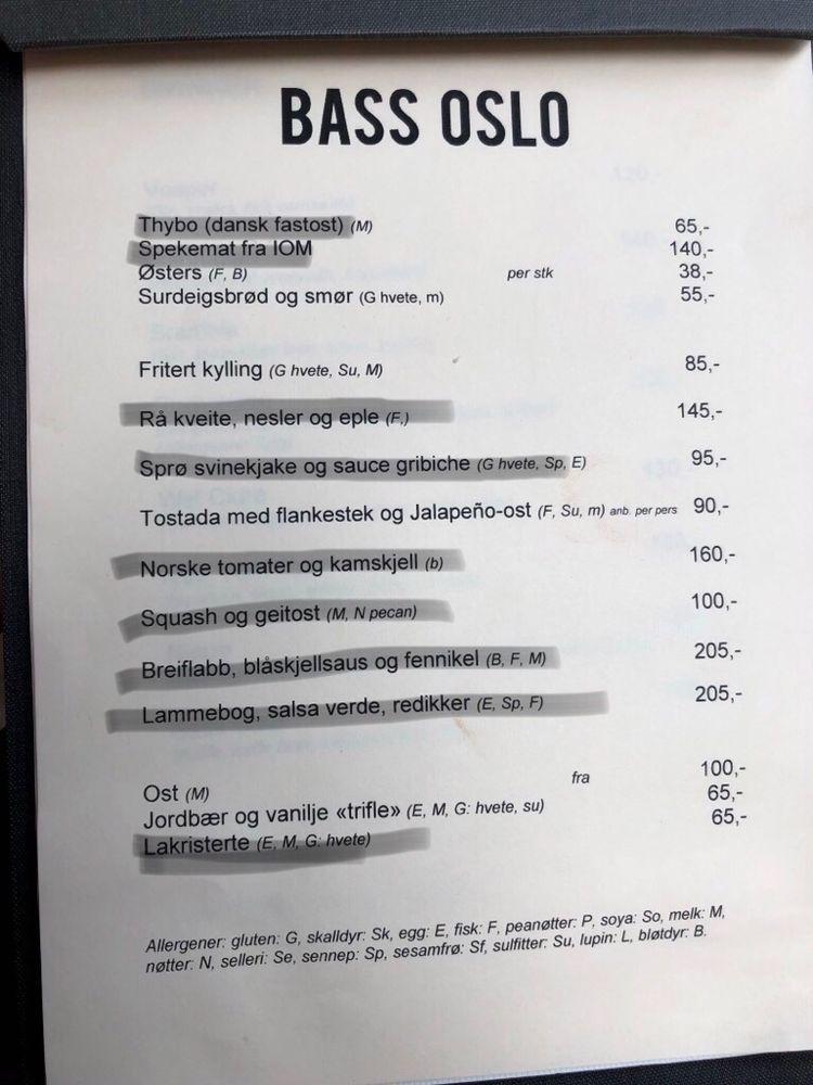 Menu at Bass Oslo restaurant, Oslo