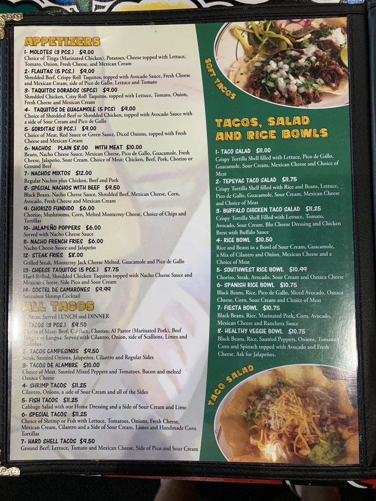 Menu at El Tepeyac Mexican restaurant, Stafford Township
