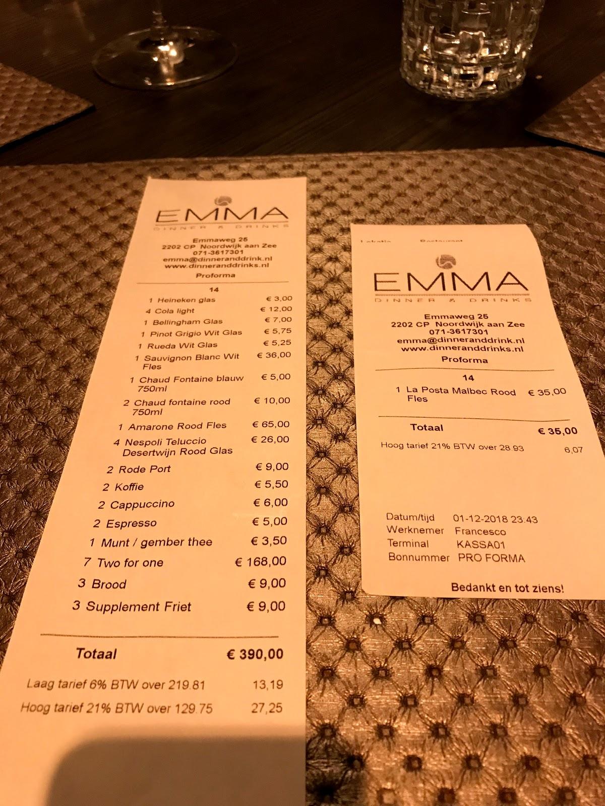 Speisekarte von Emma Dinner & Drinks, Noordwijk