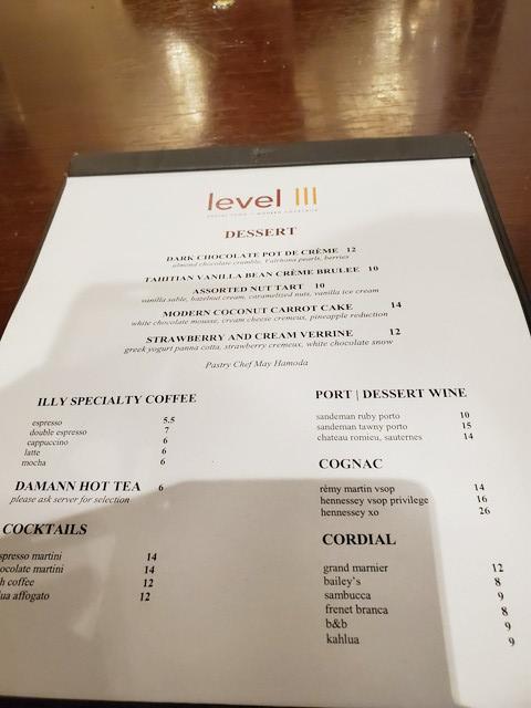 Menu at Level III Restaurant, San Francisco