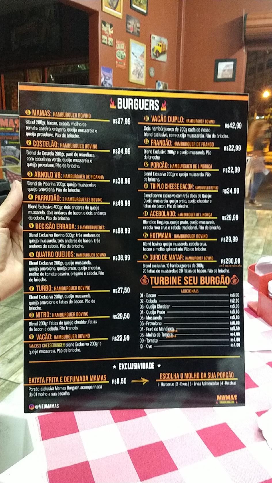Menu at Mama's Burger & Grill restaurant, Goiânia, Praça Joaquim Ramos Jubé