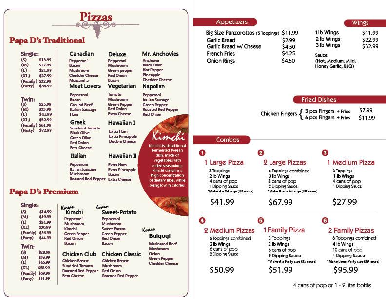 Menu at Papa D's Pizza & Variety pizzeria, East Gwillimbury