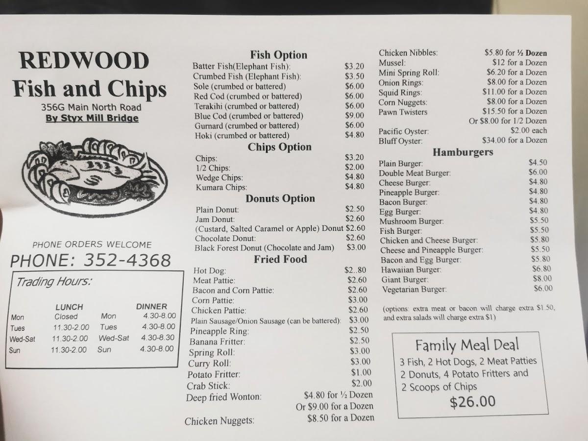 Menu at Redwood Fried Foods fast food, Christchurch