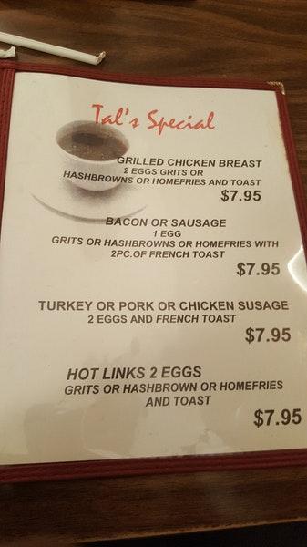 Menu at Tal's Cafe, Los Angeles