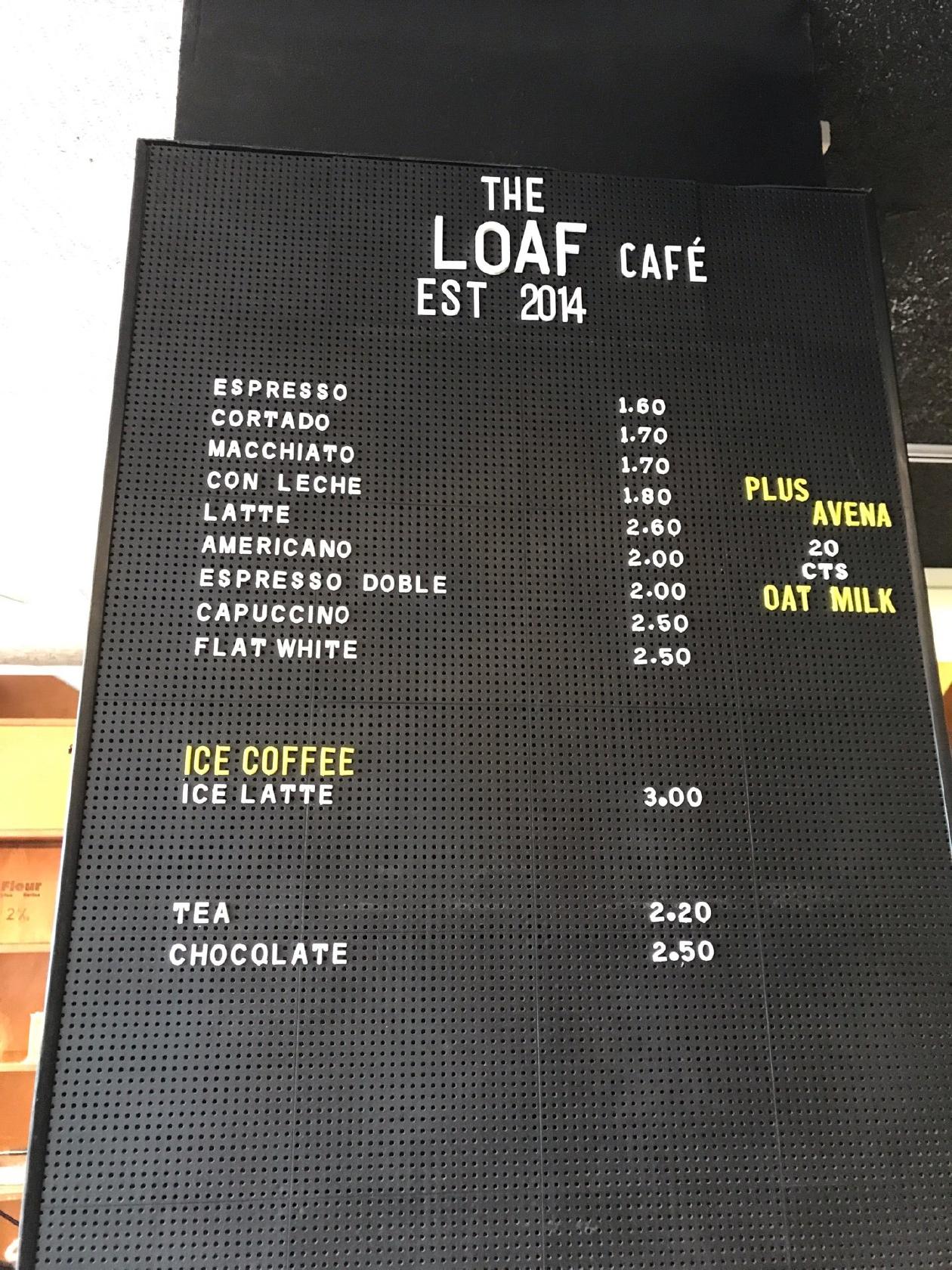 Menu at The Loaf restaurant, San Sebastián, Zurriola Hiribidea