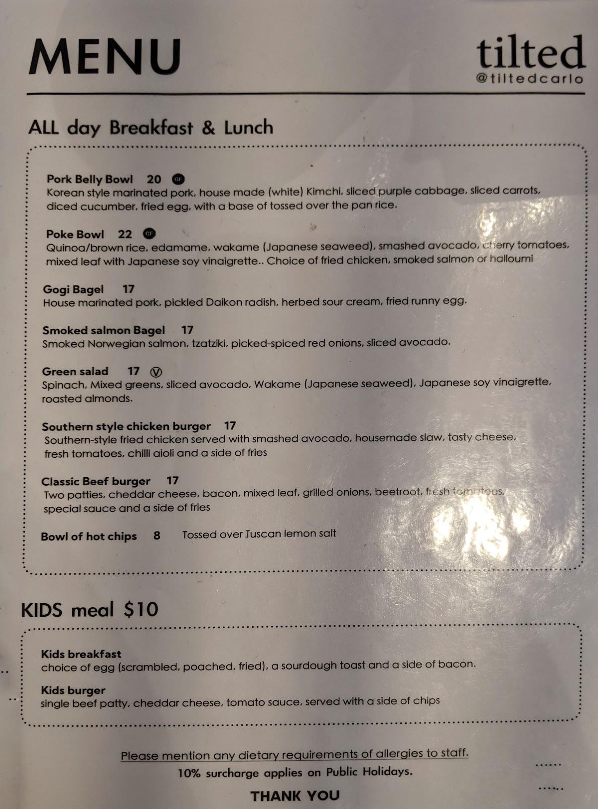 Menu at Tilted cafe, Carlingford