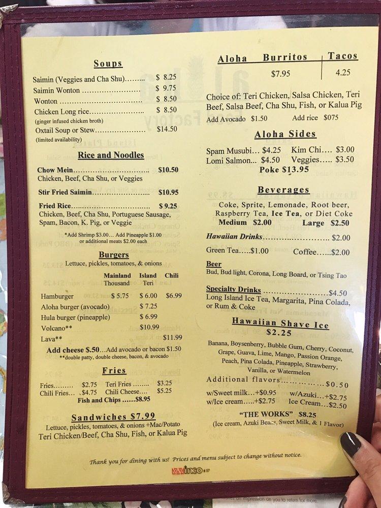 Menu at Aloha Food Factory restaurant, Alhambra