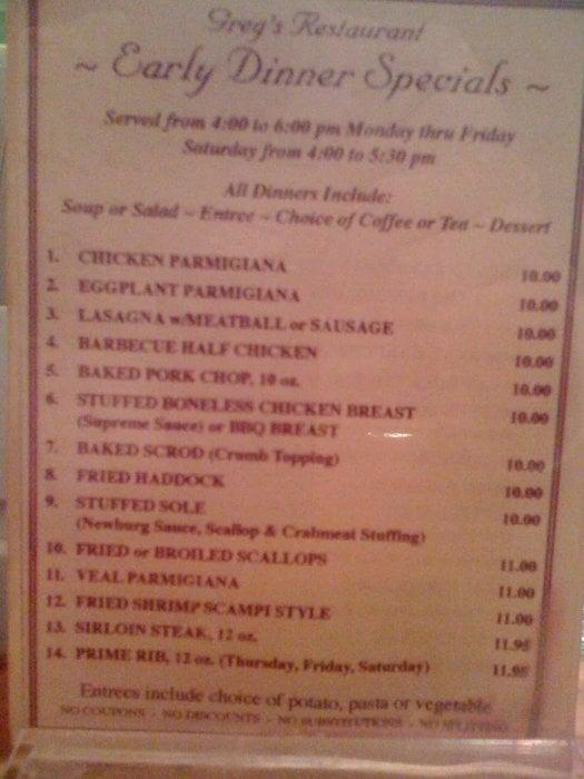 Menu at Greg's Restaurant, Watertown