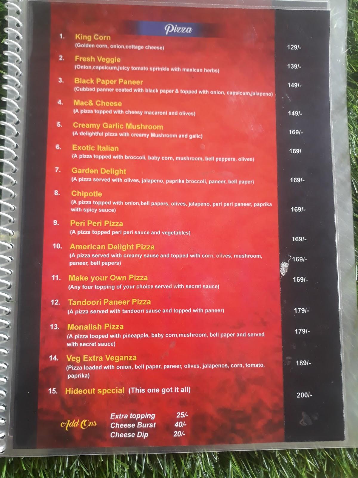 Menu at Hideout Cafe, Durg