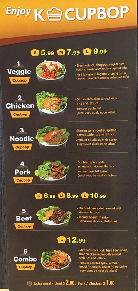 Menu at K-CUPBOP restaurant, Moncton