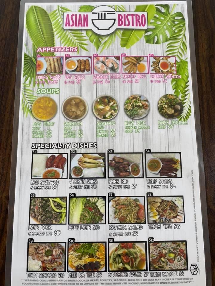 Menu at Asian Bistro restaurant, Amarillo