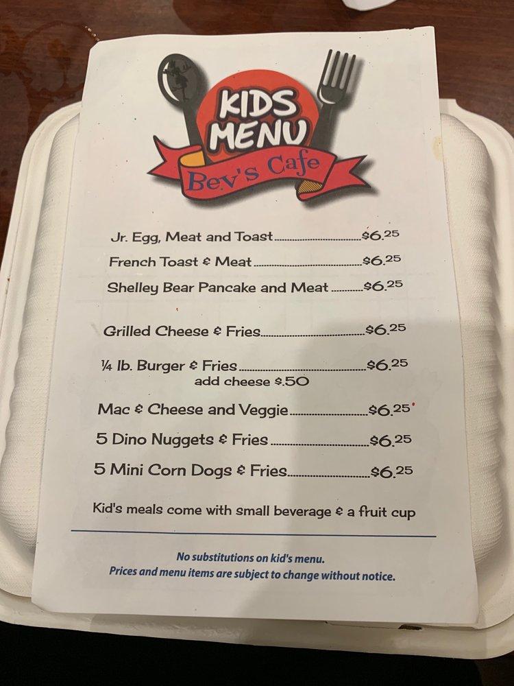 Menu at Bev's Cafe, Red Wing, 221 Bush St