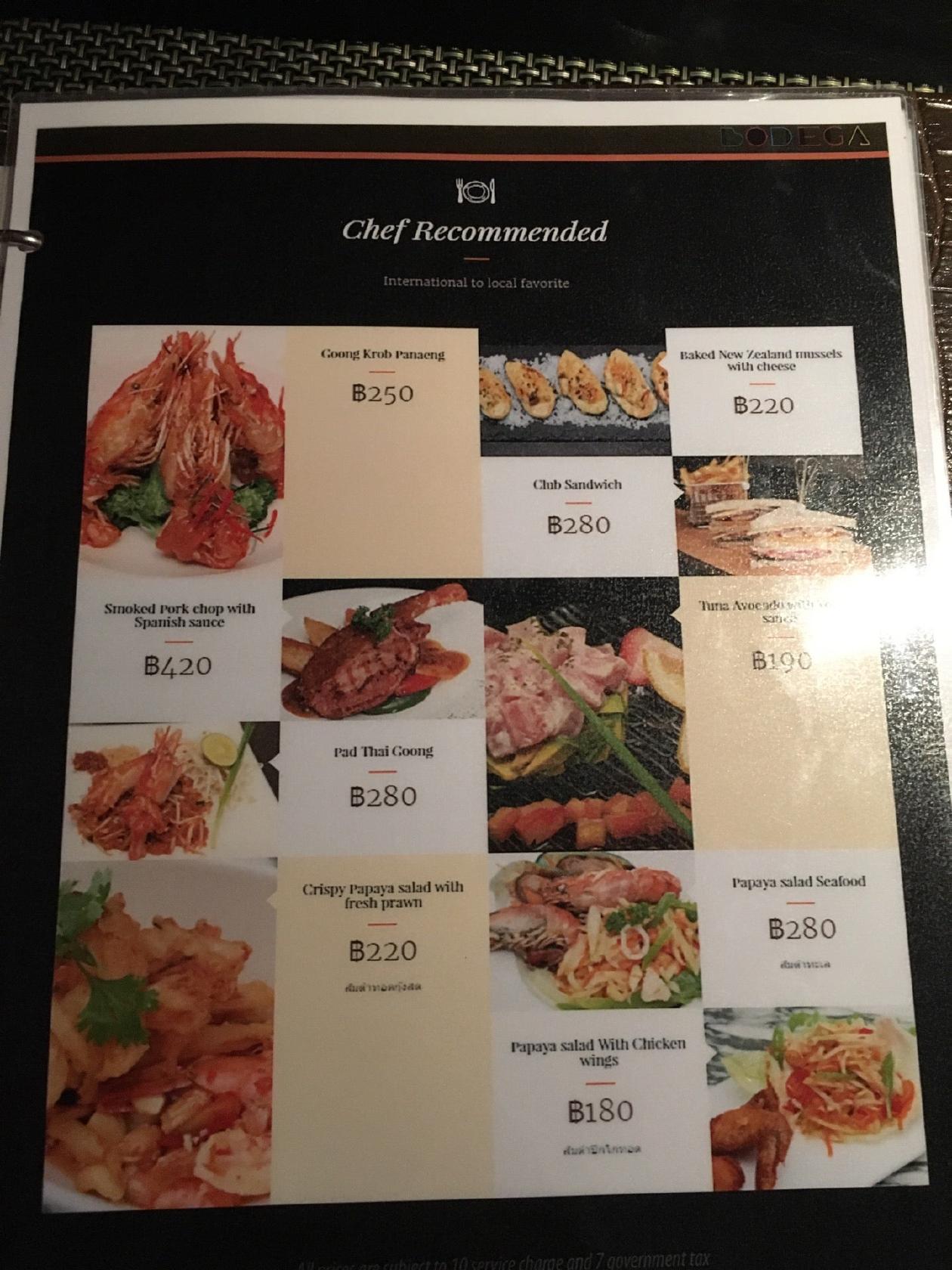 Menu at Bodega restaurant, Bangkok