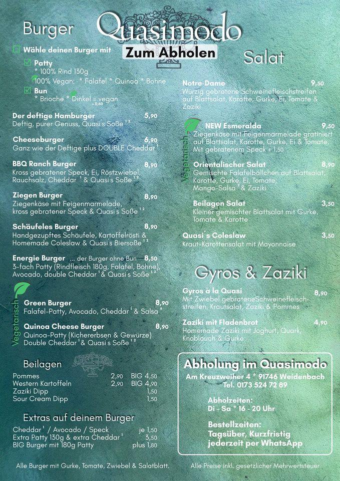 Menu at Das Quasimodo pub & bar, Weidenbach, Am Kreuzweiher 4