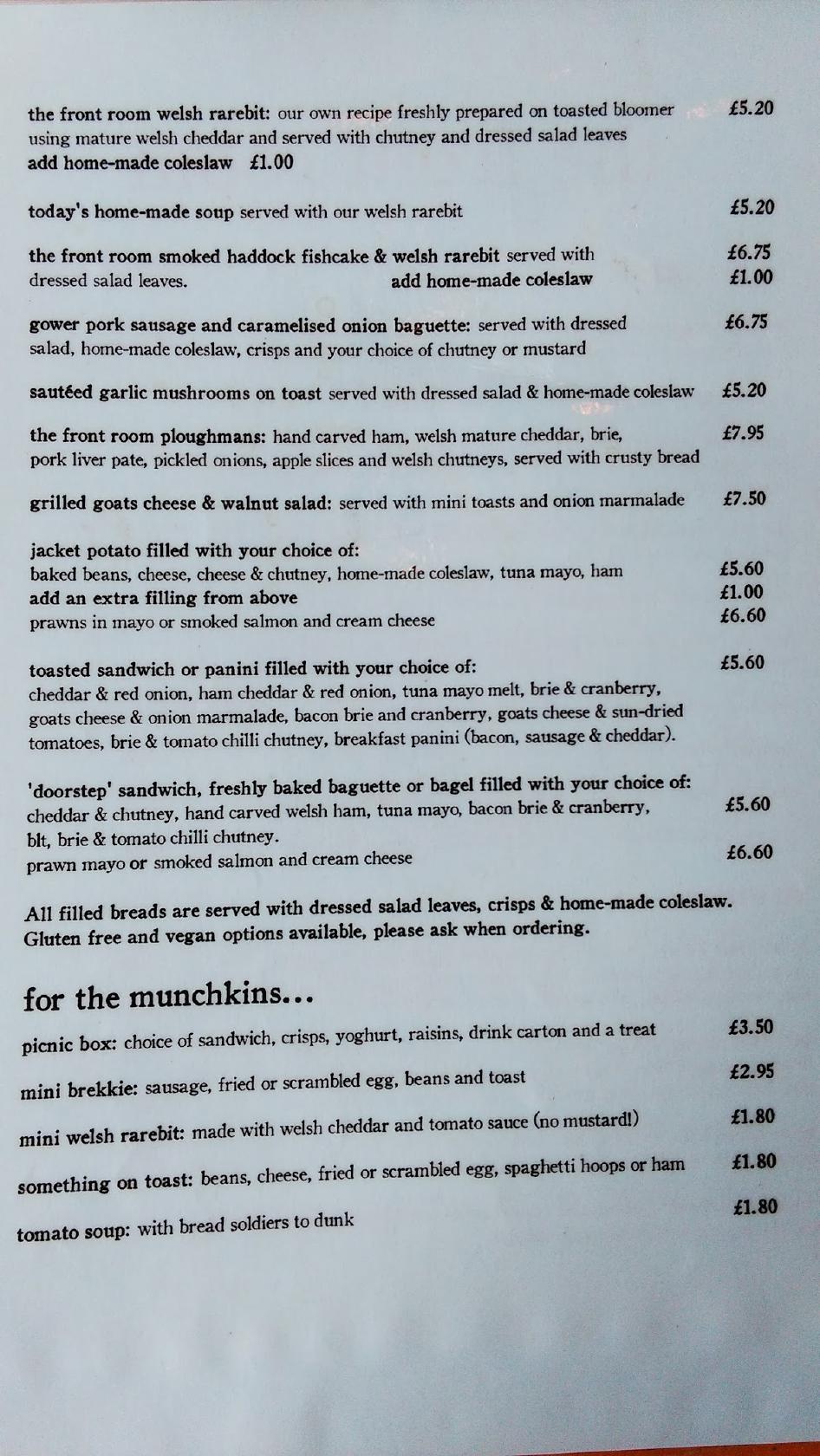 Menu at Front Room cafe, The Mumbles