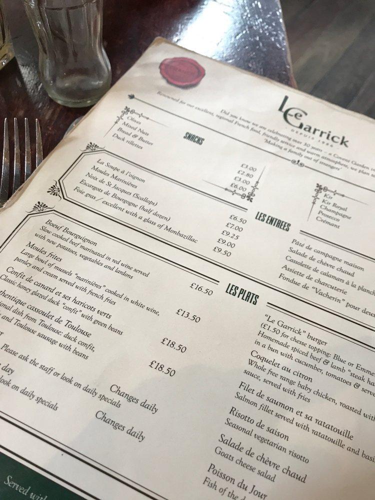 Menu at Le Garrick pub & bar, London, 10-12 Garrick St