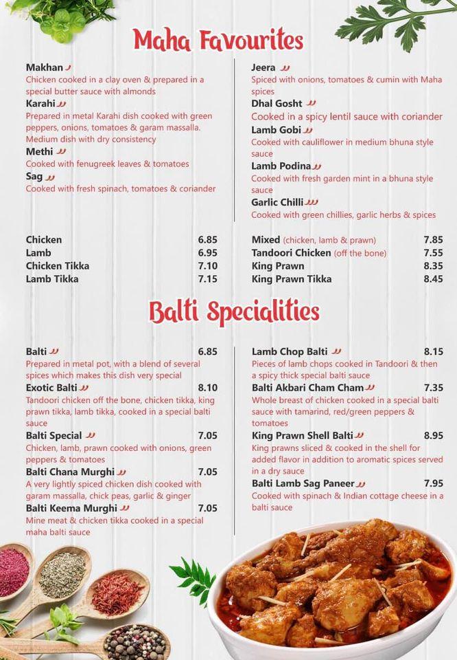 Menu at Maha Indian Cuisine restaurant, Hyde