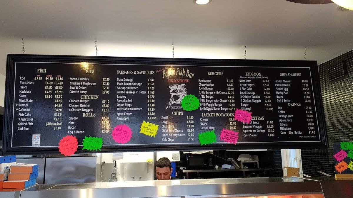 Menu at Papa’s fast food, Folkestone, 142 Canterbury Rd