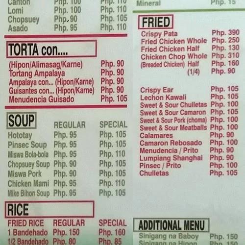 Carta de Rody "Happy" Day's Restaurant, Malabon