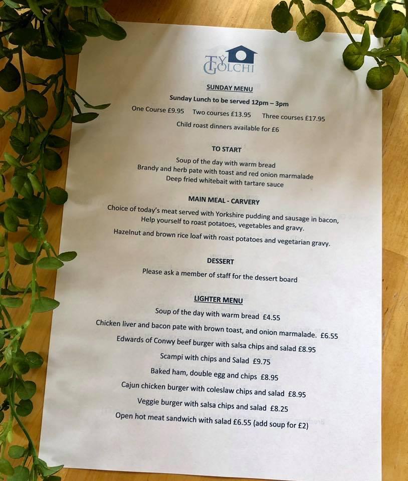 Menu at Tŷ Golchi restaurant, Bangor, Caernarfon Rd