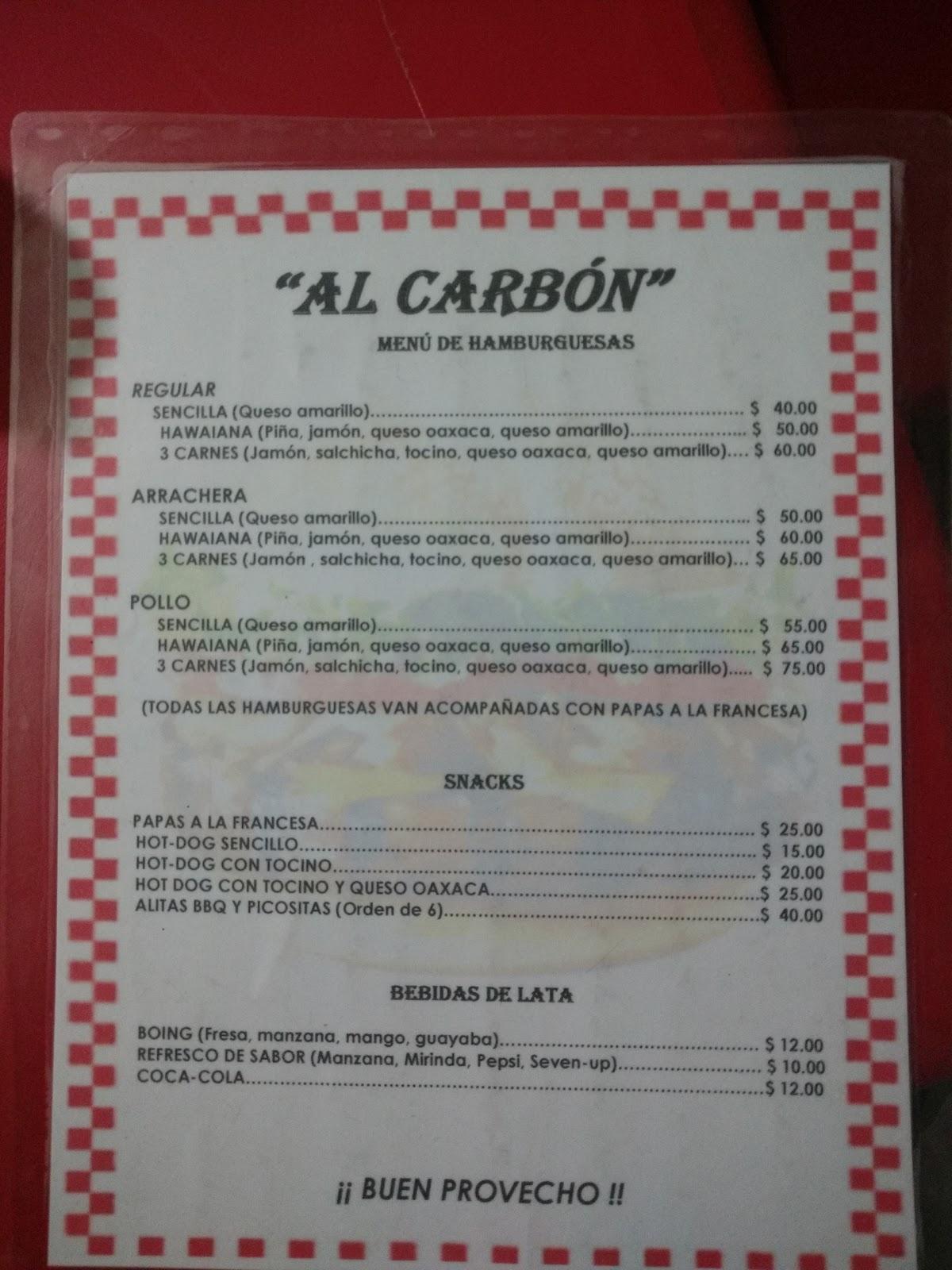 Menu at AL CARBON restaurant, San Nicolás Tolentino