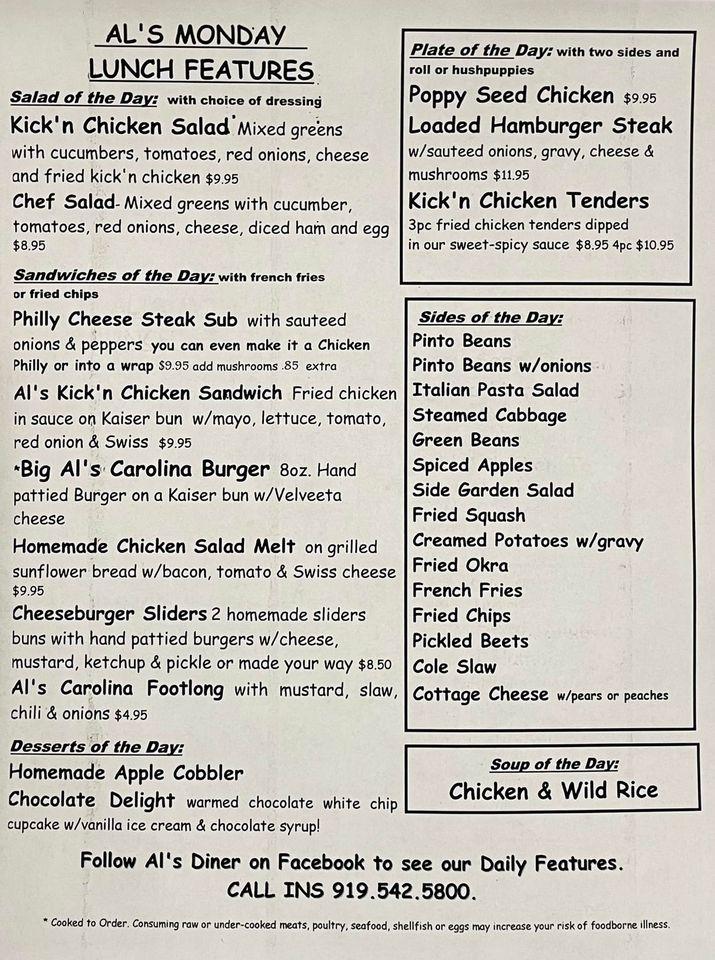 Menu at Al's Diner restaurant, Pittsboro