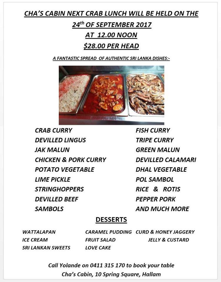 Menu at Cha's Cabin restaurant, Hallam