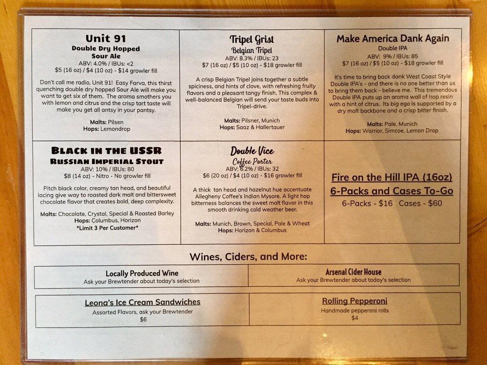 Menu at Grist House Craft Brewery pub & bar, Pittsburgh