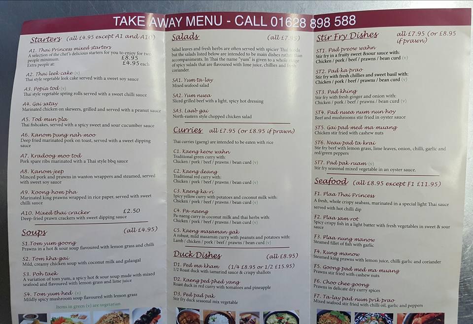 Menu at Thai Princess restaurant, Marlow