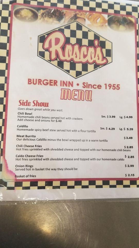 Menu at Rosco's Burger Inn restaurant, El Paso