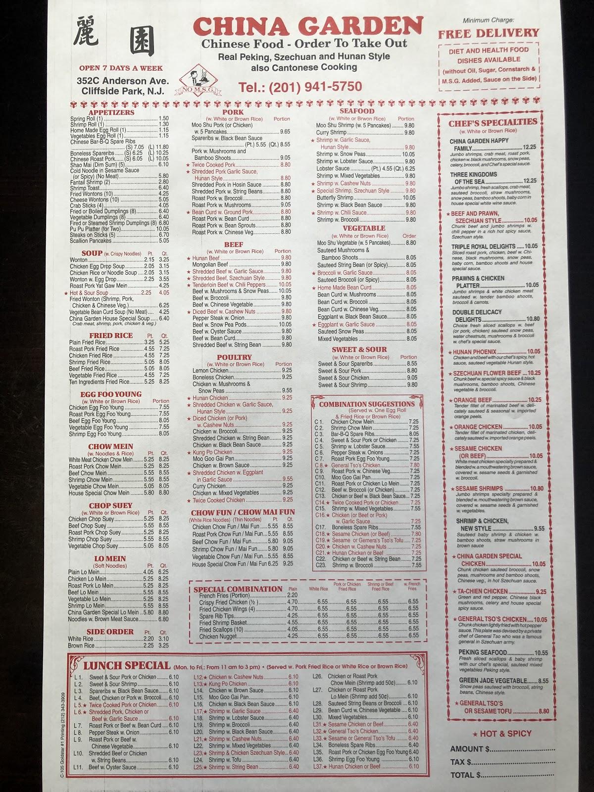 Menu at China Garden restaurant, Cliffside Park