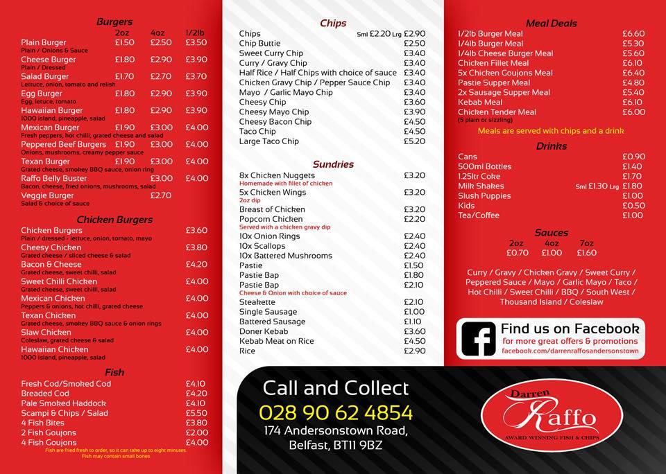 Menu at Raffos Chippy fast food, Belfast, 174 Andersonstown Road