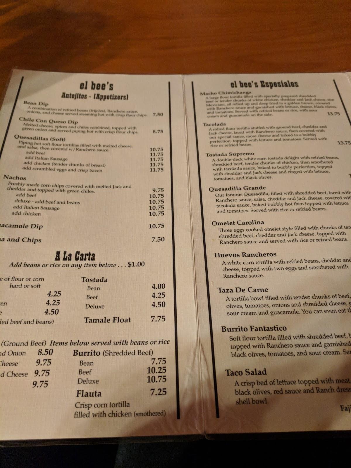 Menu at El Bee's restaurant, Waterloo, N 240th St