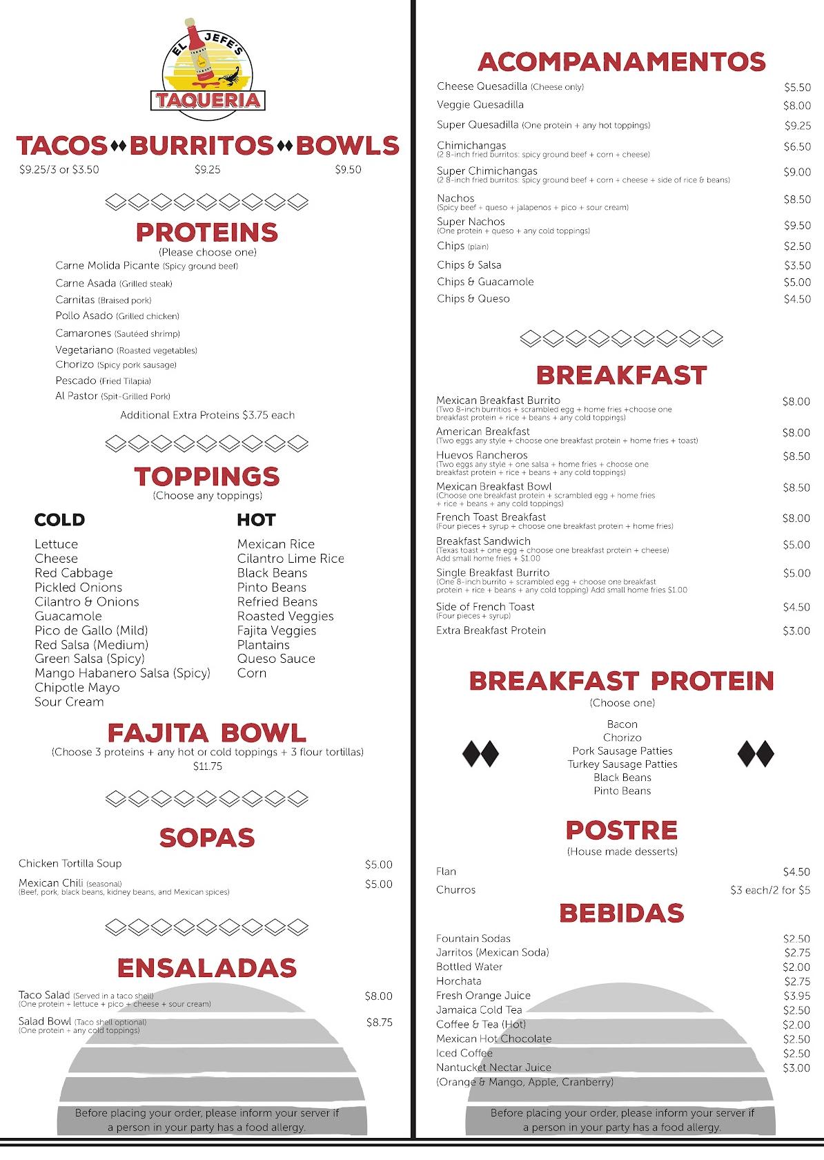 Menu at El Jefe's Taqueria - Boston University restaurant, Boston