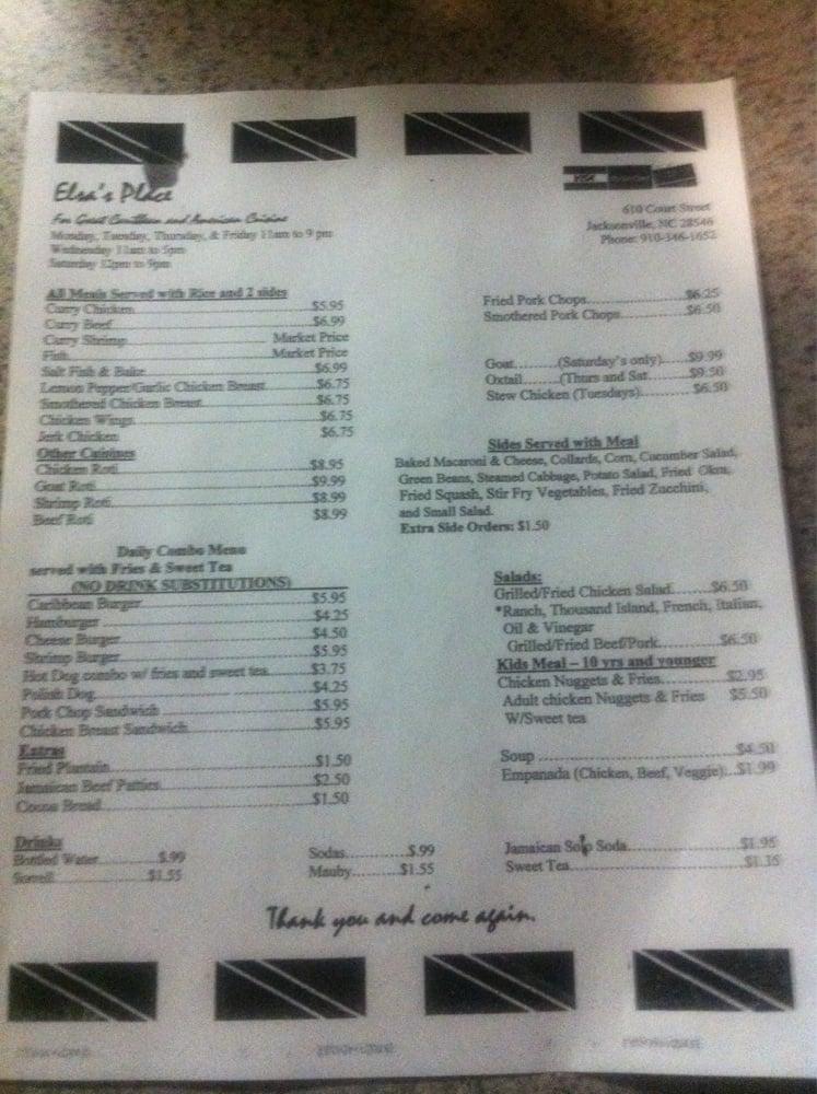 Menu at Elsa's Place restaurant, Jacksonville
