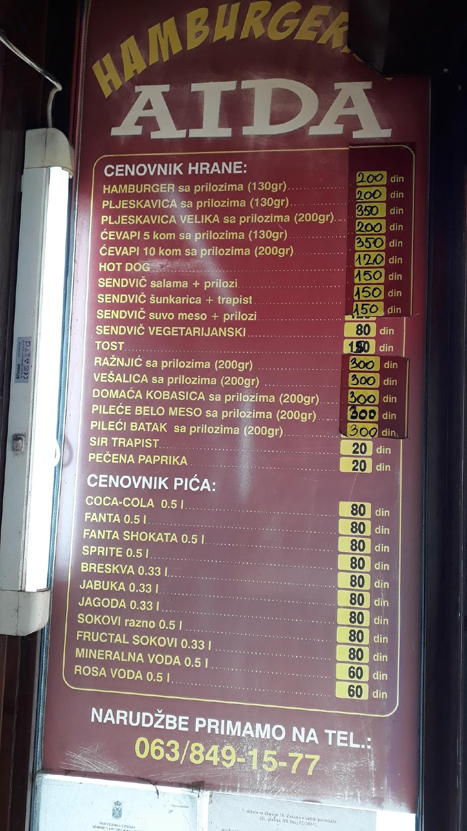 Menu at Hamburgerija "Aida" - Subotica restaurant, Subotica