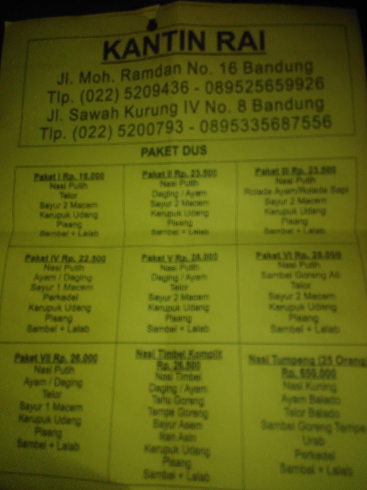 Menu at Kantin Rai restaurant, Bandung, Jl. Moch. Ramdan No.16