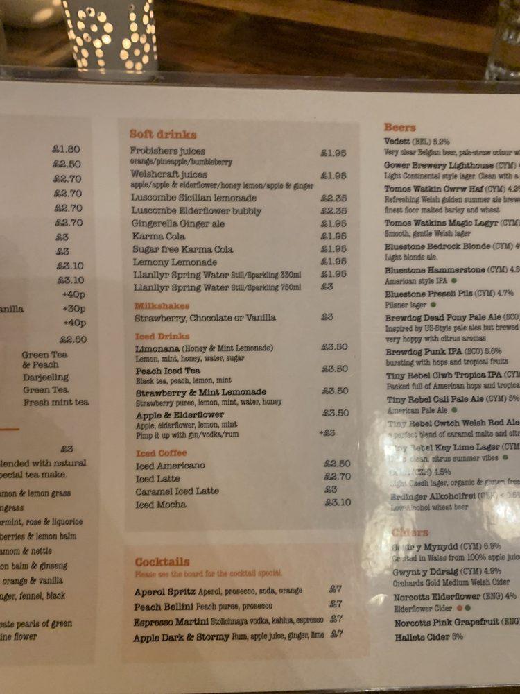 Menu at Medina restaurant, Aberystwyth