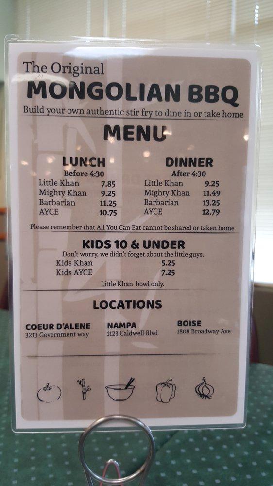 Menu at Mongolian BBQ, Boise, Broadway Ave