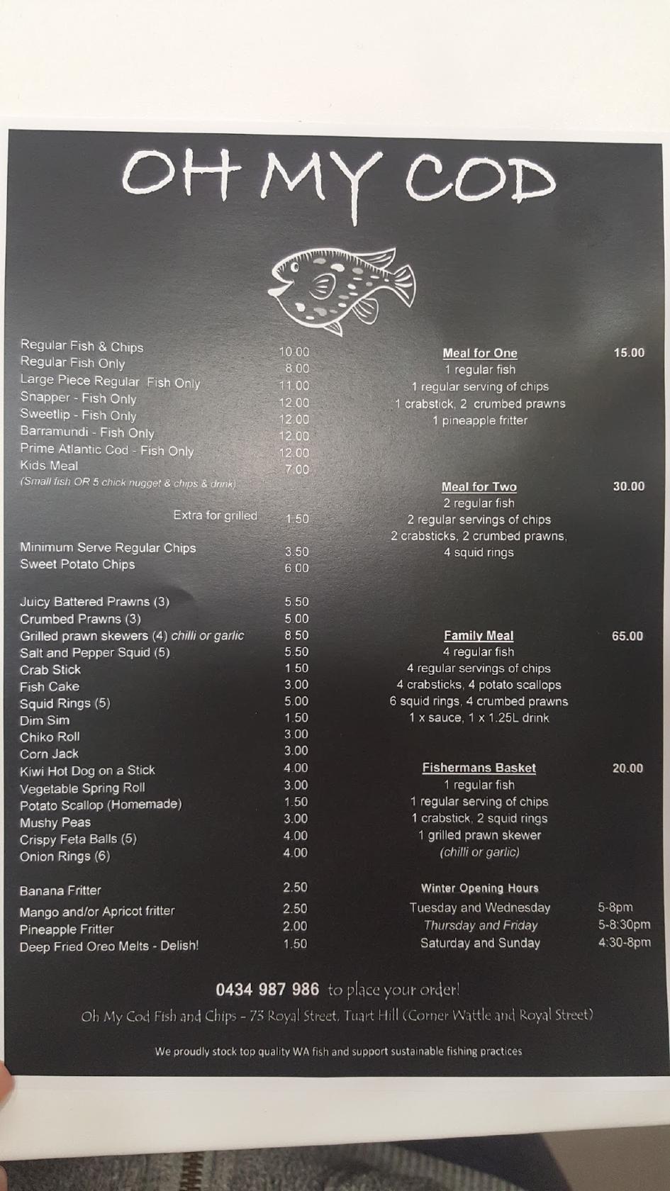 Menu at Oh My Cod fast food, Tuart Hill