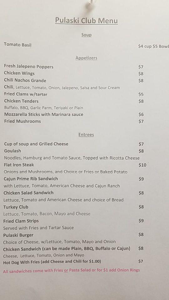 Menu at Pulaski Club, Easthampton