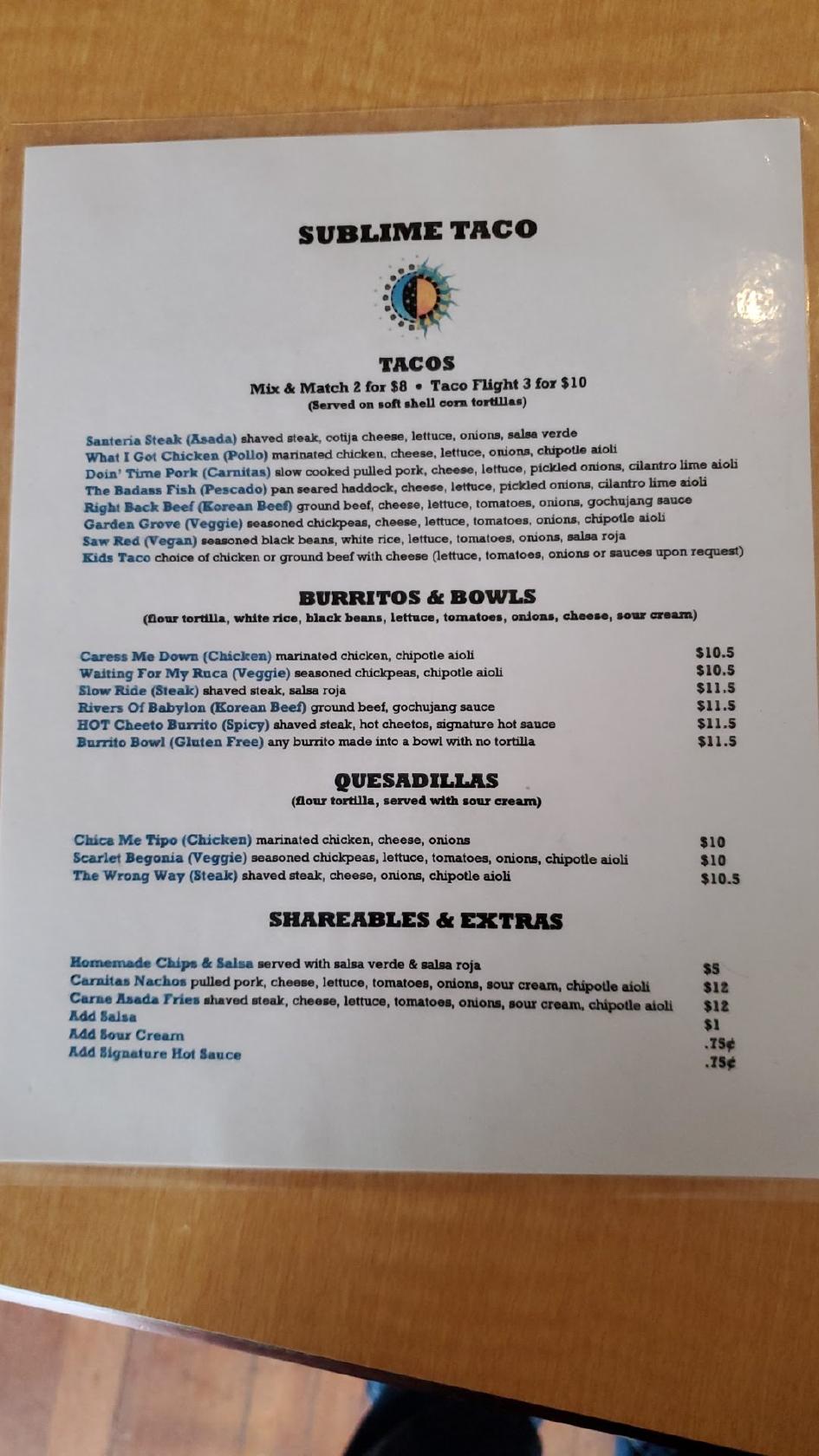 Menu at Sublime Taco restaurant, Biddeford