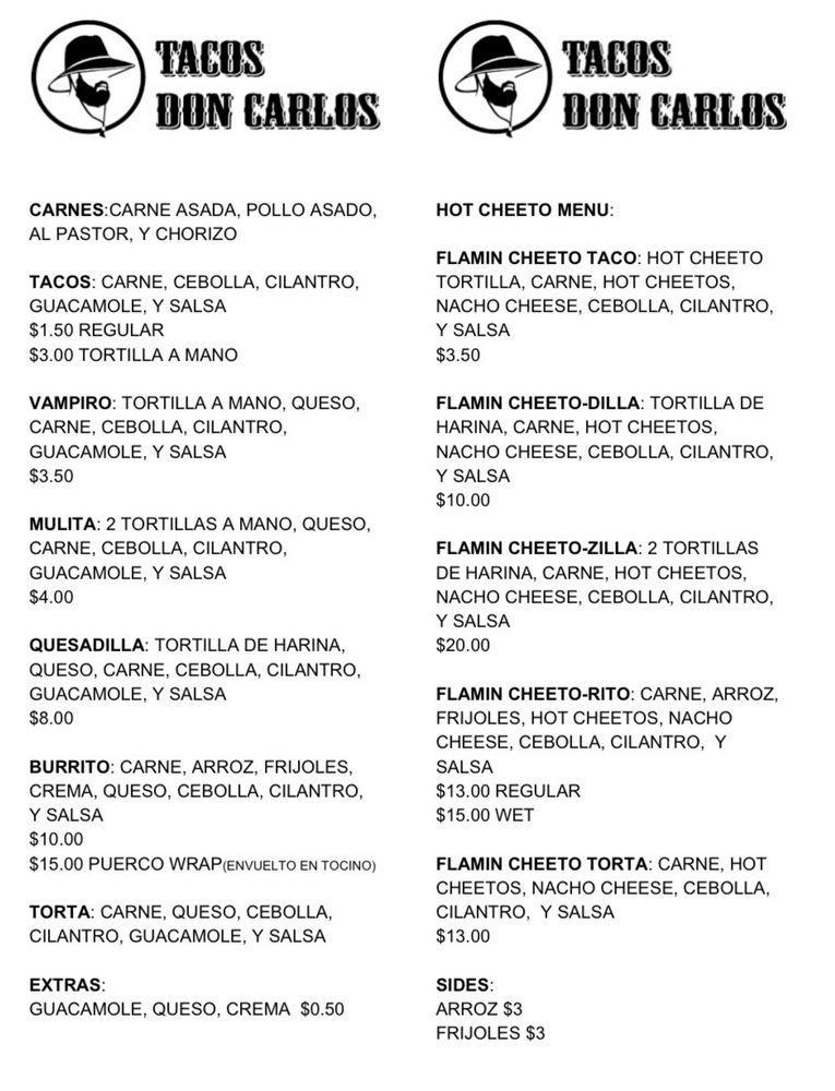 Menu at Tacos Don Carlos restaurant, Napa, Soscol Ave