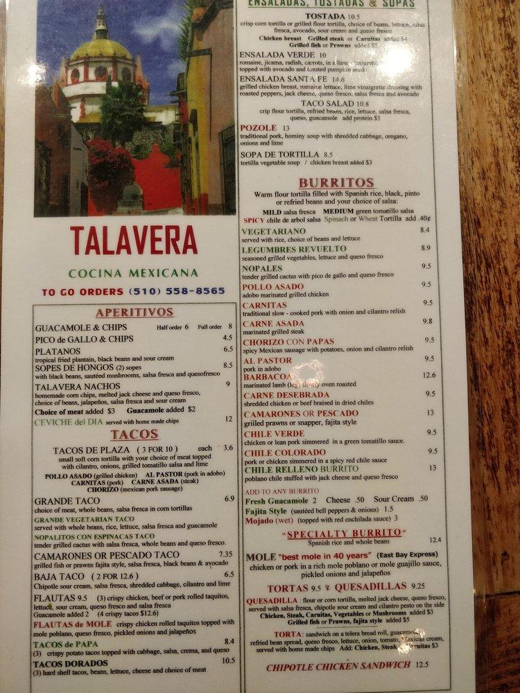 Menu at Talavera Cocina Mexicana restaurant, Berkeley, Solano Ave